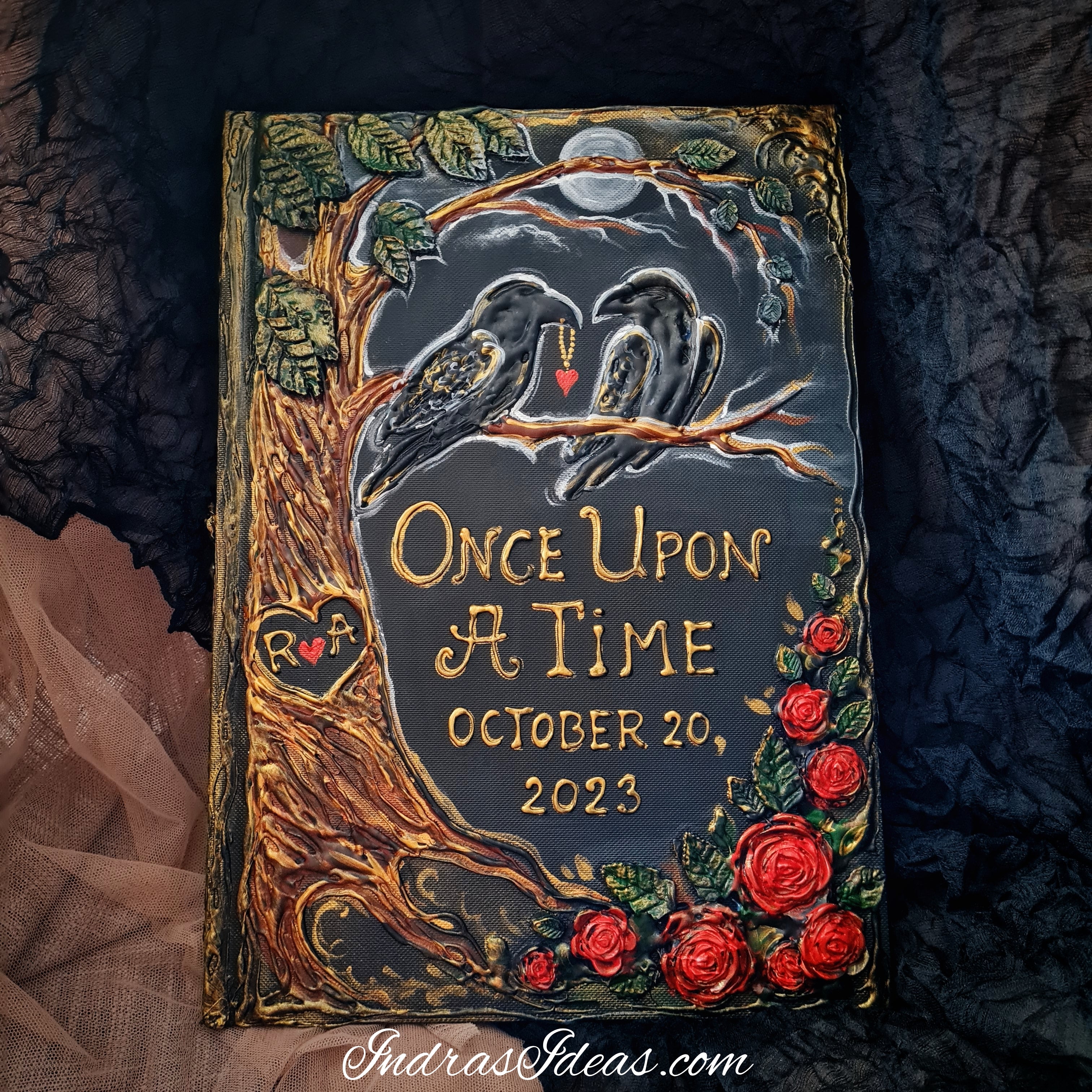Two loving ravens on a tree. Black guest book with two crow and red ...